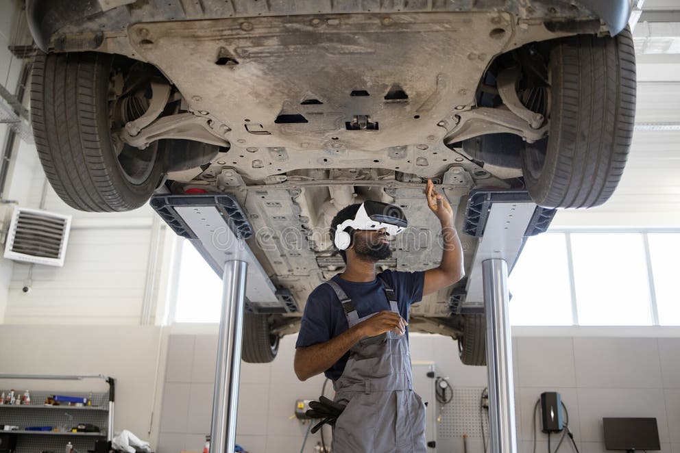 Mechanic Performs Virtual Car Inspection with Advanced Technology Stock ...