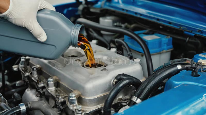 Mechanic Pouring Oil into a Blue Car Engine Stock Video - Video of ...
