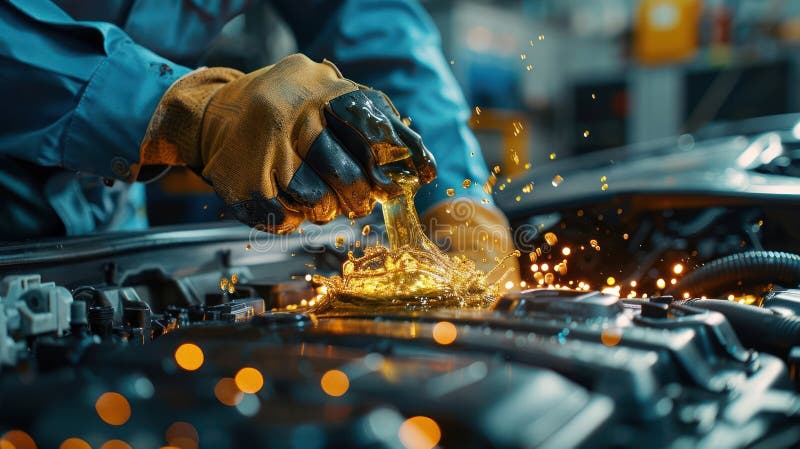 A Mechanic Pours Oil into an Engine, Creating Splashes in a Workshop ...
