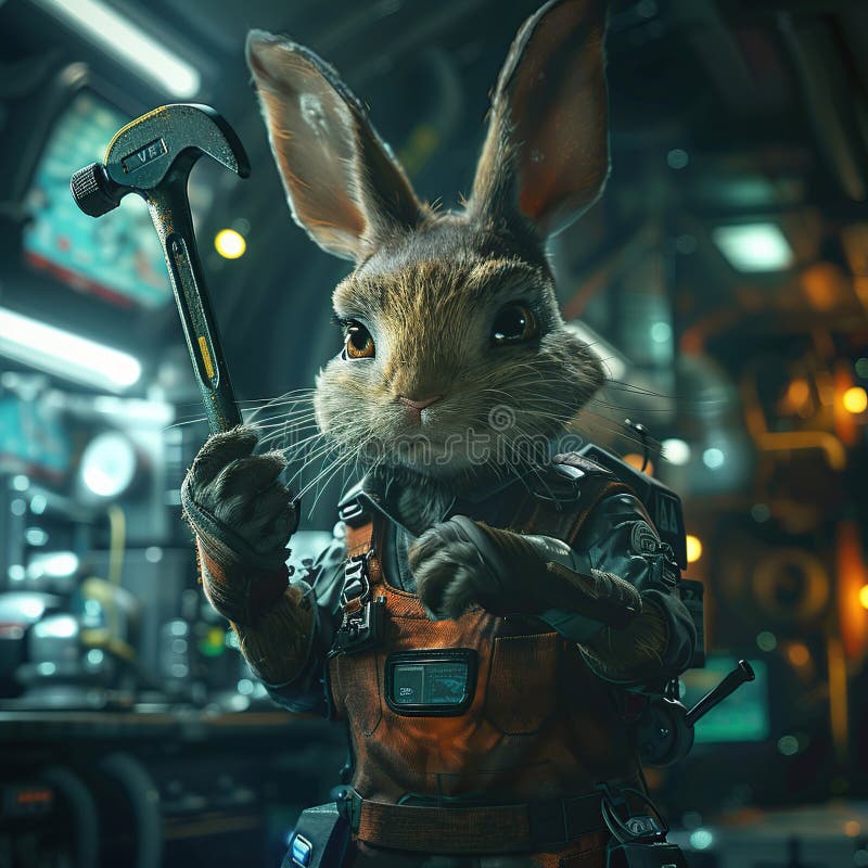 Mechanic Rabbit in Futuristic Workshop Holding Hammer Stock ...
