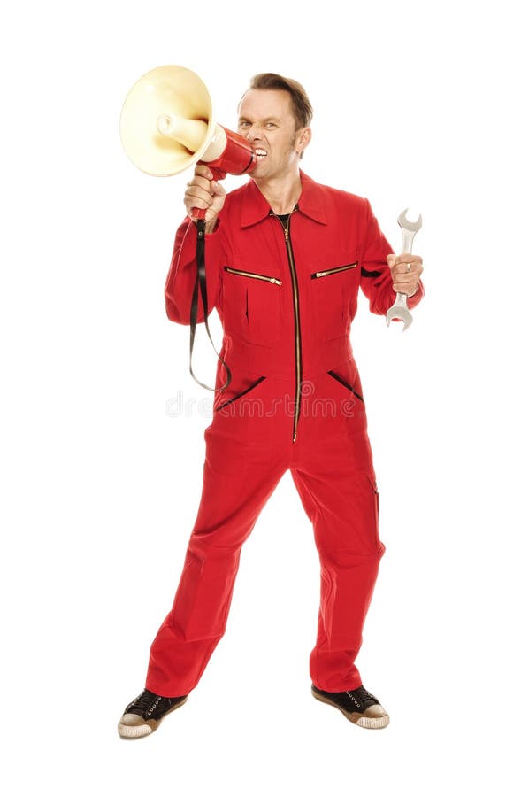 Mechanic in red Overall stock image. Image of head, sign - 30814639