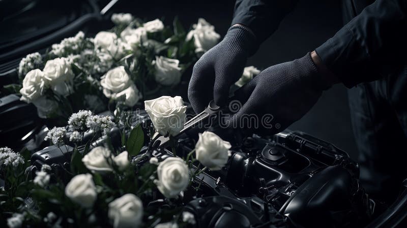 Mechanic Repairing Car Engine Covered with White Roses Stock Photo ...