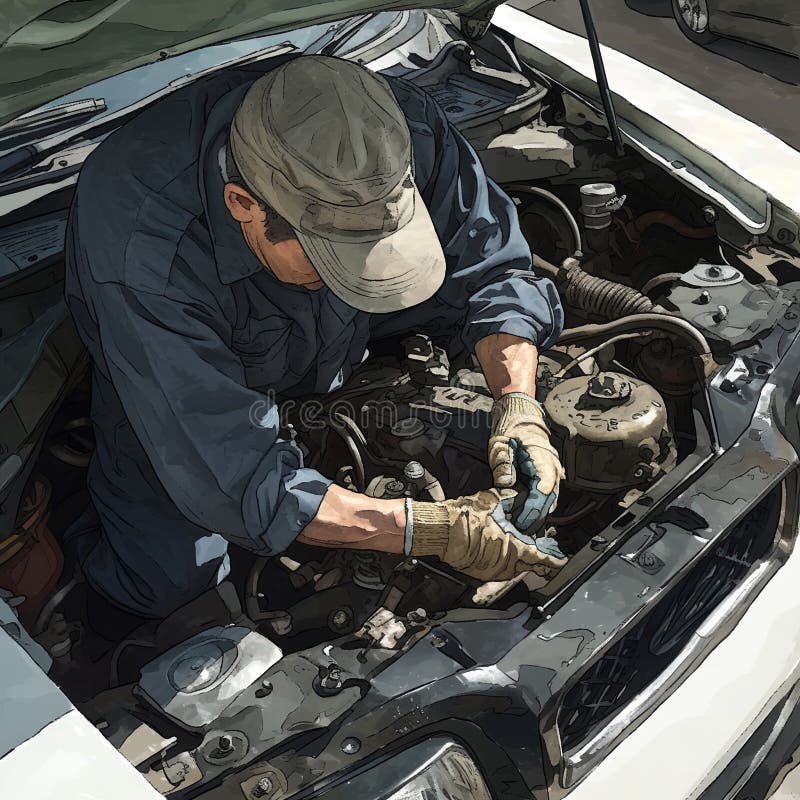 Mechanic Repairing Engine of a Car during Maintenance Routine Stock ...