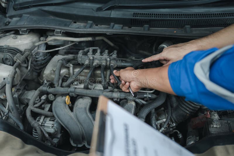 The Mechanic is Repairing the Engine, a Car Repair Worker is Inspecting ...
