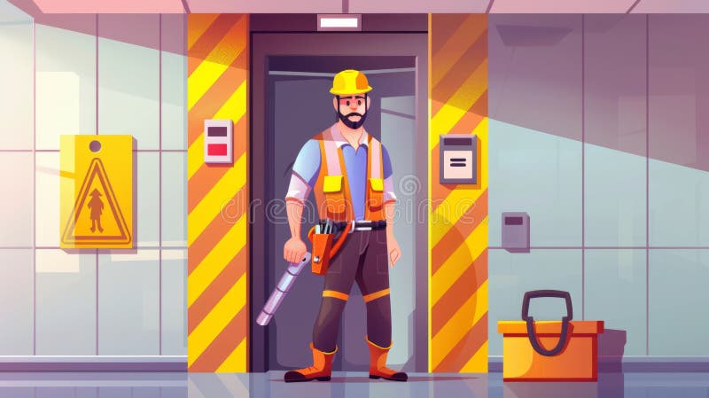 A Mechanic Repairs a Broken Elevator with Caution Signs on the Lift Doors. an Engineer Stands at ...
