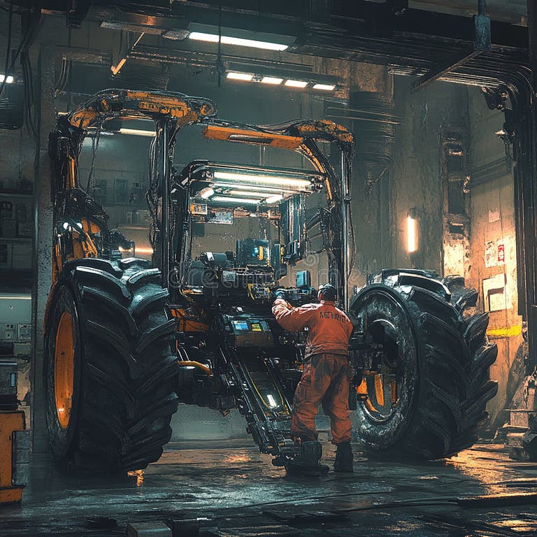 Mechanic Working on Advanced Tractor Inside a Well-lit Workshop ...
