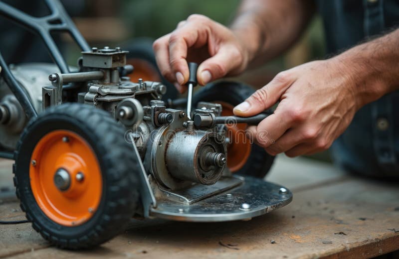 Mechanic Repairs Small Lawnmower. Man Using Tools, Fixing Engine ...