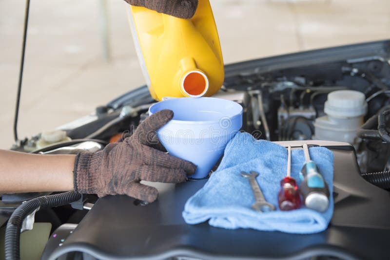 Mechanic Replacing Motor Oil Service Stock Image - Image of closeup ...