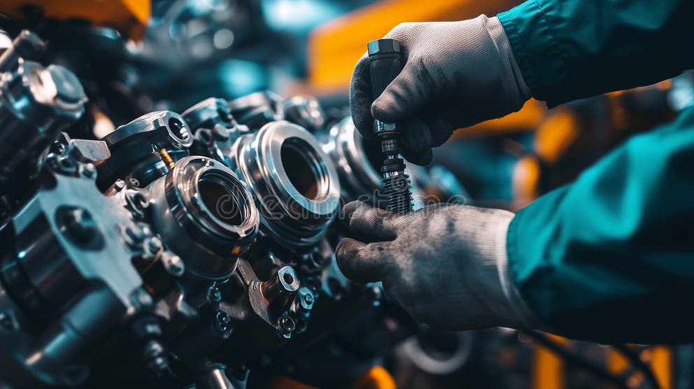Mechanic S Gloved Hands Work on a Complex Engine Component, Using a ...