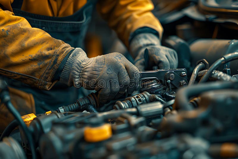 Mechanic S Gloved Hands Working on an Engine, Highlighting the ...