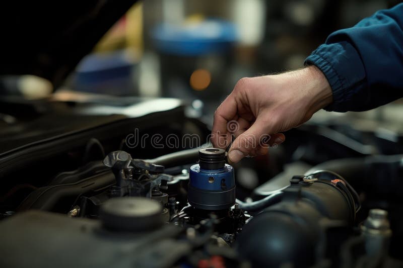 A Mechanic S Hand Adjusts a Component in an Engine Bay, Focusing on ...
