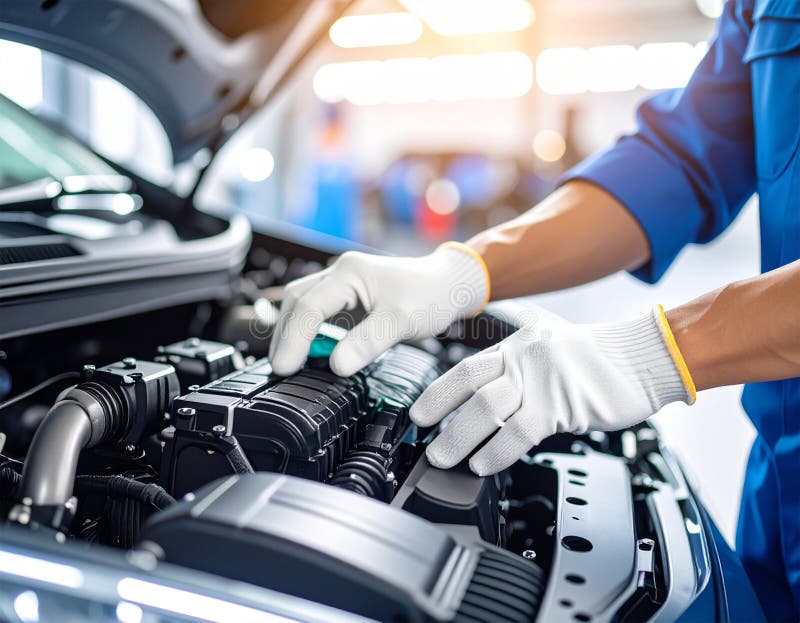 The Mechanic S Hands are Focused on an Engine Part, Surrounded by High ...