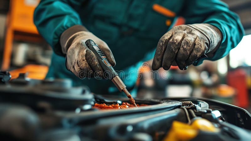 Mechanic S Hands in Gloves Using a Tool on a Car Engine Stock Photo ...