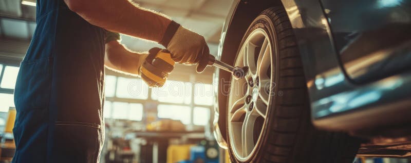 Close-up of a Mechanic& X27;s Hands Using a Pneumatic Tool To Tighten a ...