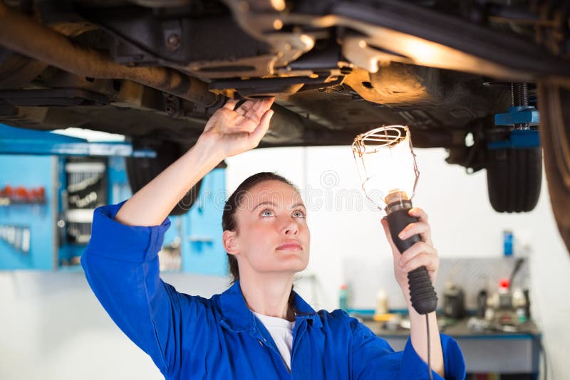 Mechanic Shining Torch Under Car Stock Photo - Image of occupation ...