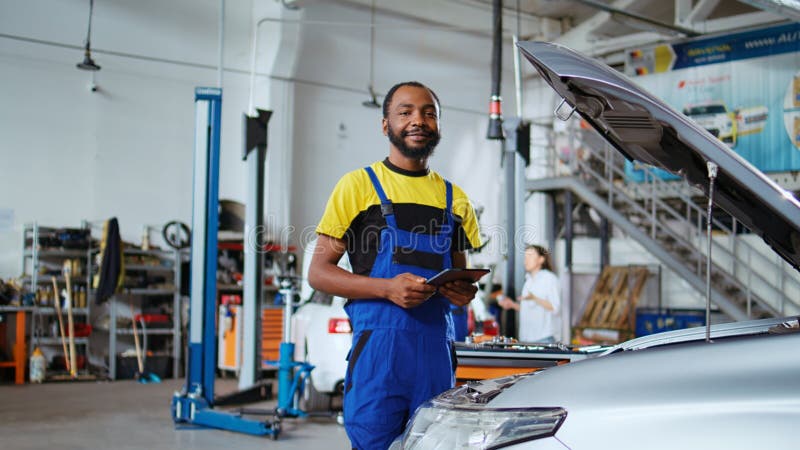 Mechanic Shows Client Car Engine in AR Stock Image - Image of customer ...