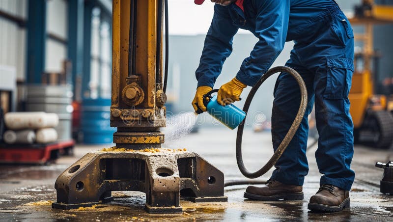 Mechanic Spraying Grease Remover on Crane Arm Base Stock Illustration ...