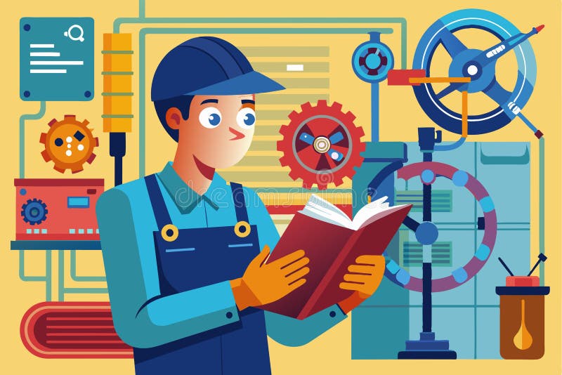 A Mechanic Studies a User Manual To Troubleshoot Mechanical Systems in ...