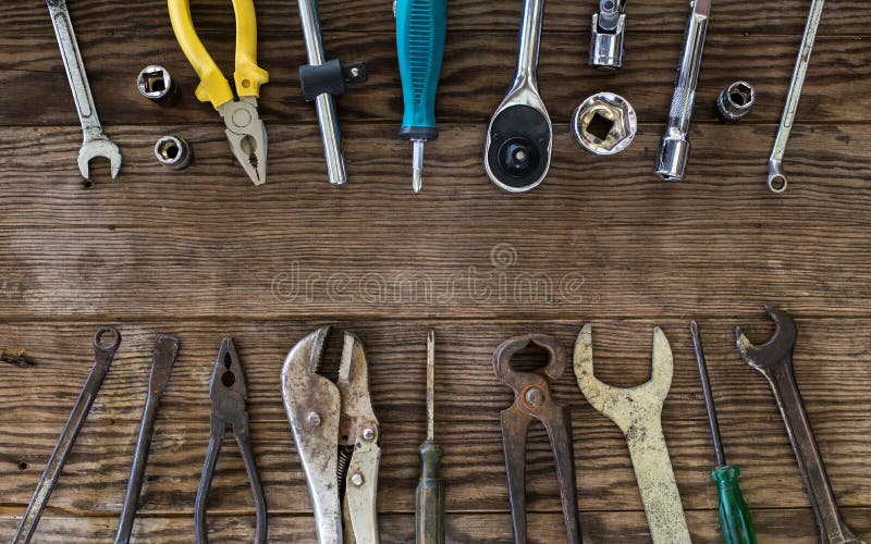 Mechanic Tool Placed on Wooden Table Stock Image - Image of copy ...
