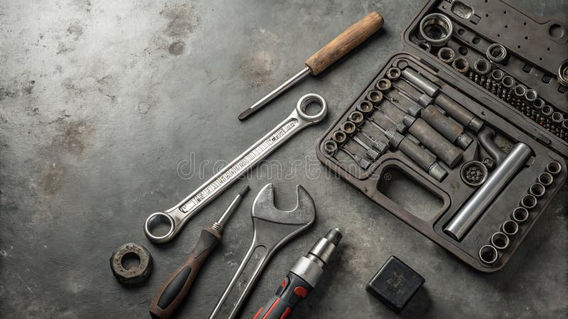 Mechanic Tools Flatlay Composition, Grey Background, Wrench Set ...