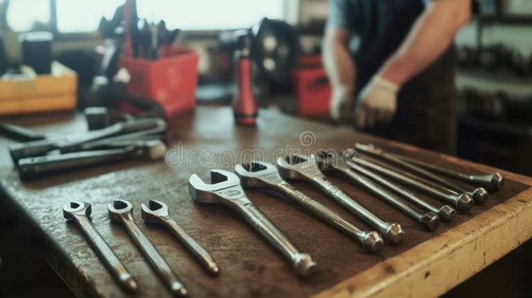 Mechanic Tools Laying on Workbench in Workshop Stock Photo - Image of ...