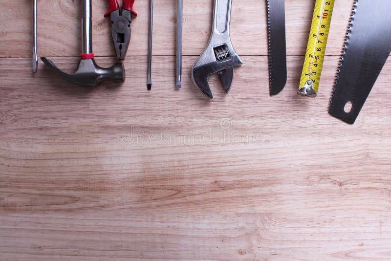 Mechanic Tools Set or Assorted Work Tools on Wooden Background Stock ...