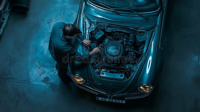 Mechanic in Uniform Working on Engine of Open Hood of Car, Garage for ...