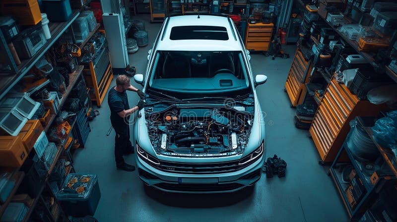 Mechanic in Uniform Working on Engine of Open Hood of Car, Garage for ...