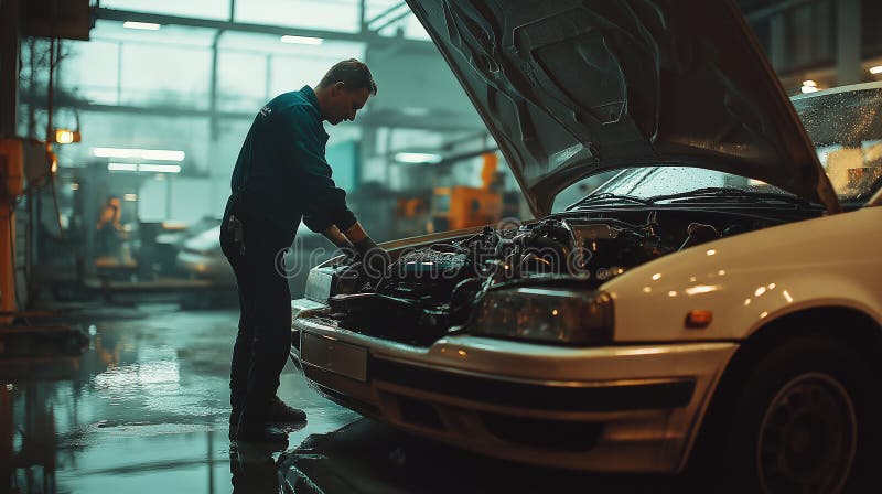 Mechanic in Uniform Working on Engine of Open Hood of Car, Garage for ...