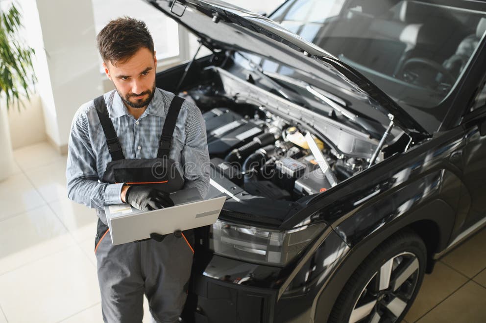 Mechanic Uses a Computer with an Augmented Reality Diagnostics Software ...