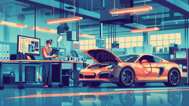 A Mechanic Uses a Computer for Diagnostics while Working on an Engine ...