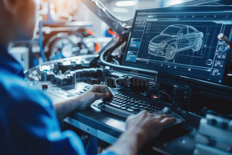 A Mechanic Uses a Computer To Diagnose Vehicle Issues while Working on ...