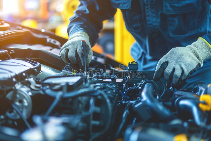 A Mechanic Uses Diagnostic Tools on a Car S Engine while Performing ...