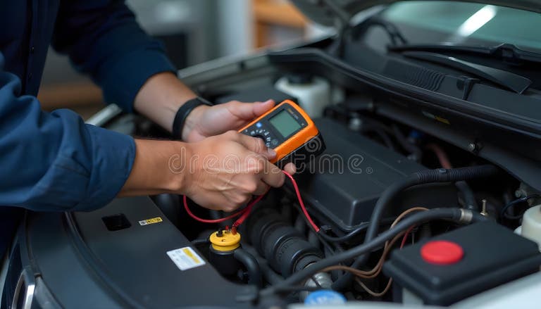 Mechanic Uses a Multimeter for Car Engine Inspection and Electrical ...