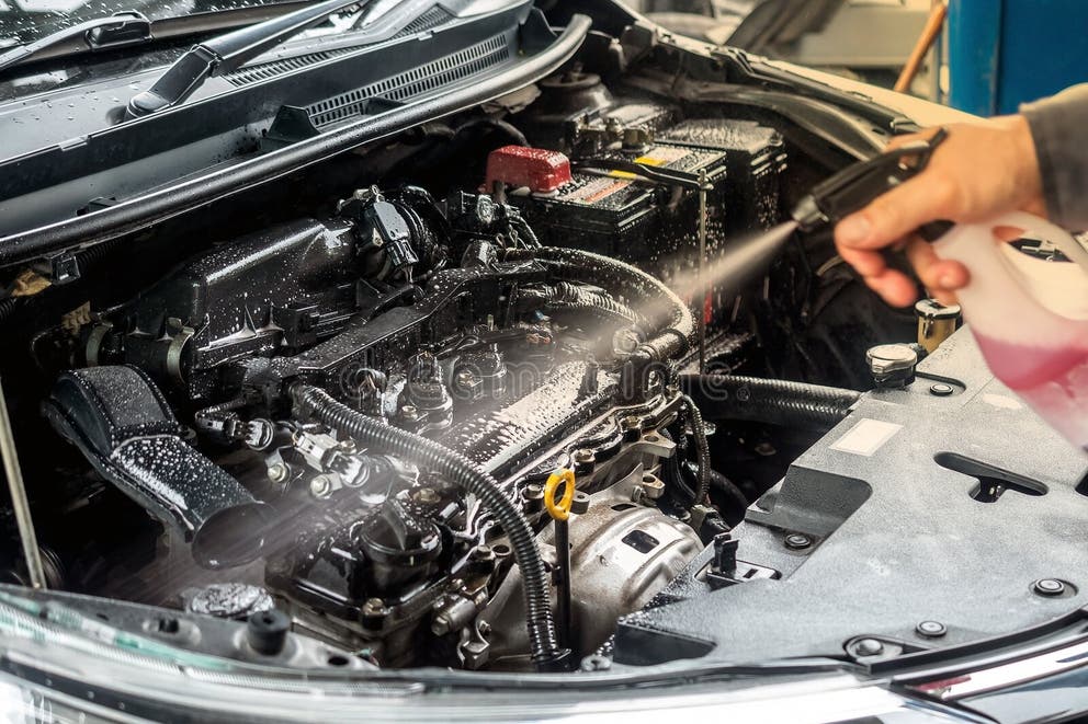 The Mechanic is Using a Cleaning Spray To Clean the Engine Compartment ...