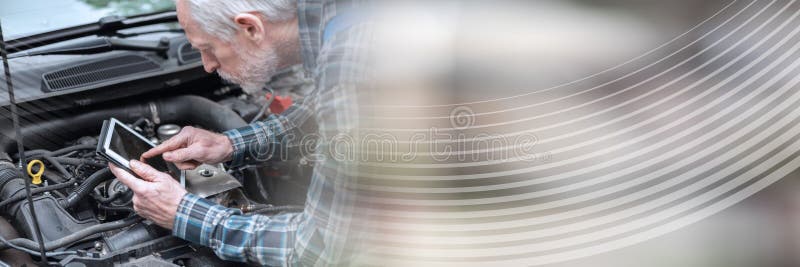 Mechanic Using Digital Tablet for Checking Car Engine Panoramic Banner ...