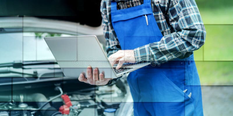 Mechanic Using Laptop for Checking Car Engine, Geometric Pattern Stock ...