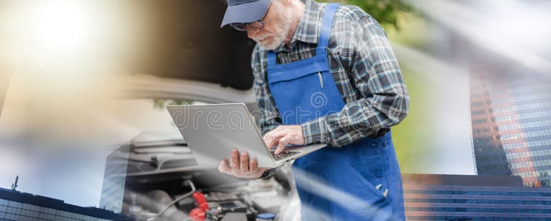 Mechanic Using Laptop for Checking Car Engine; Multiple Exposure Stock ...