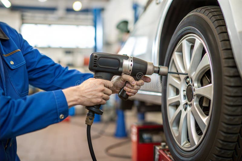 Mechanic Using Power Tool To Remove Wheel Nut Stock Illustration ...