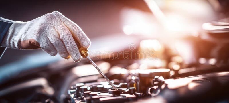 The Mechanic Using a Screwdriver for Automotive Engine Maintenance and ...