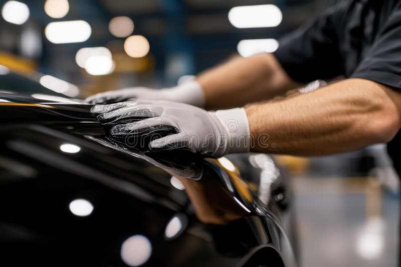 Mechanic Using Squeegee for Auto Installation Close Up Stock Photo ...