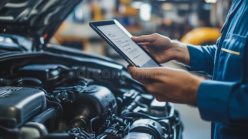 Automotive Mechanic Car Repair Service Engine Maintenance Using Tablet ...