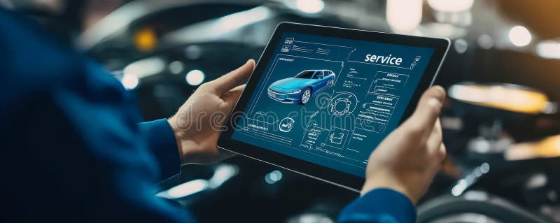 Mechanic Using Tablet for Car Service Diagnostics and Checking Details ...