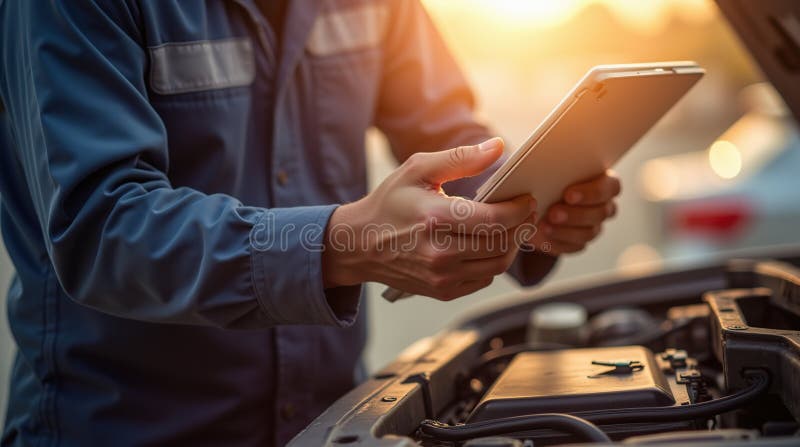 Mechanic Using Tablet for Diagnostics on a Vehicle Engine at Sunset ...