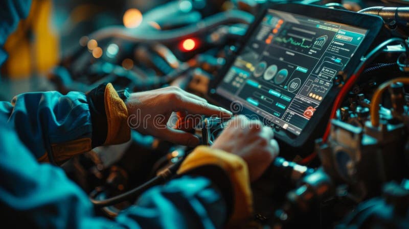 Mechanic Using Tablet To Diagnose Engine in High-Tech Workshop Stock ...