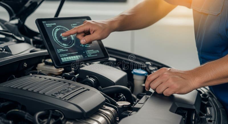 Mechanic Using Tablet To Diagnose Engine Problems in a Car with the ...