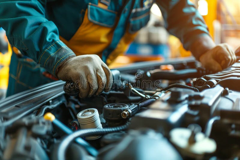 Mechanic Using Tools for Car Engine Maintenance Task. Stock ...