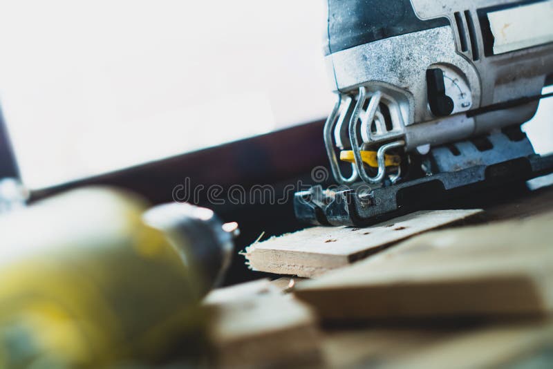 The Mechanic is Using Wood Cutting Tools in Construction Stock Image ...