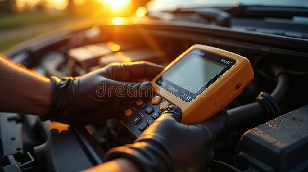 Mechanic Utilizing Diagnostic Scan Tool on Engine at Sunset Stock ...