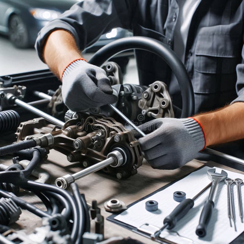 A Mechanic Wearing Gloves is Assembling a Complex Automotive Steering ...